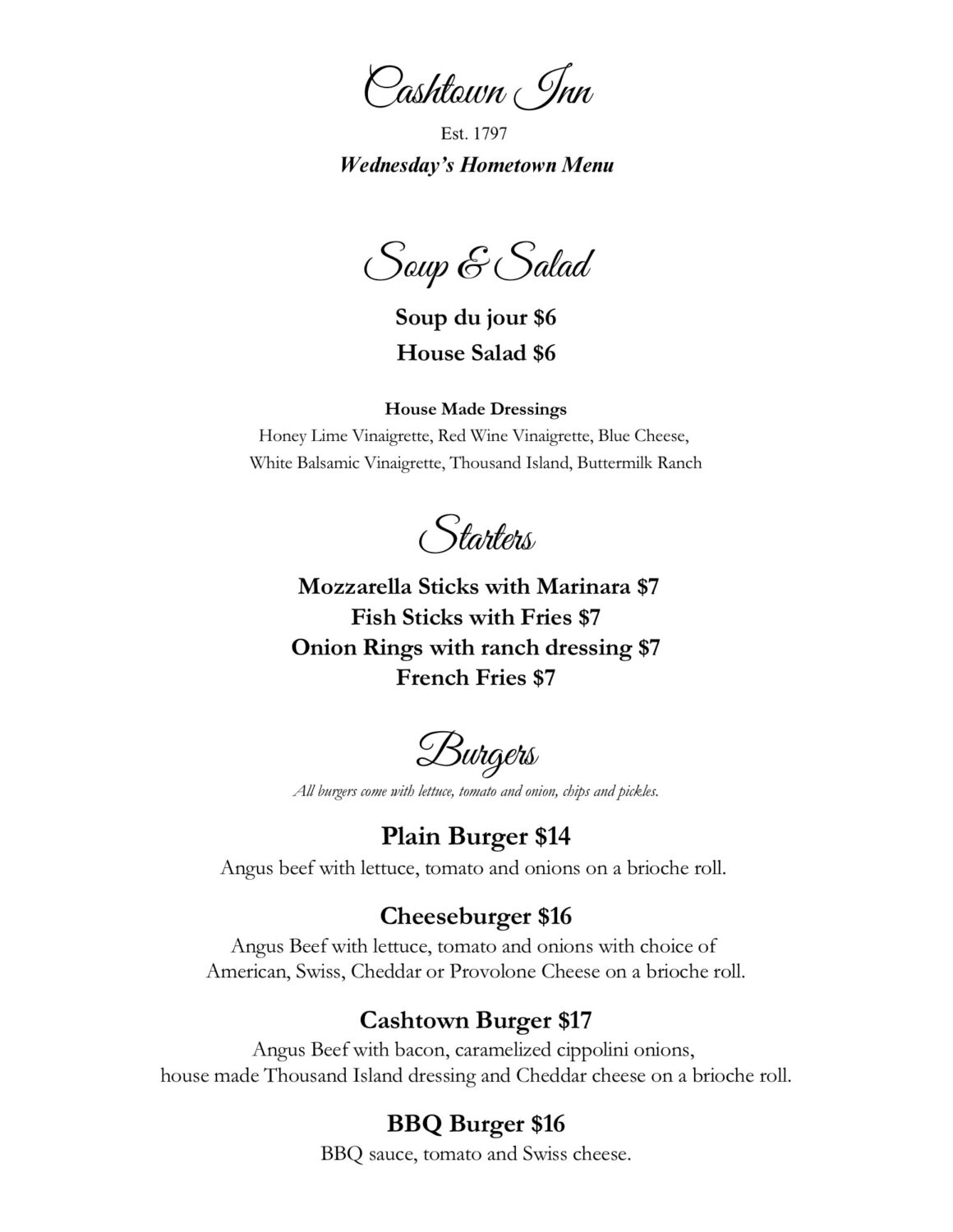 Hometown Wednesday Menus - Cashtown Inn